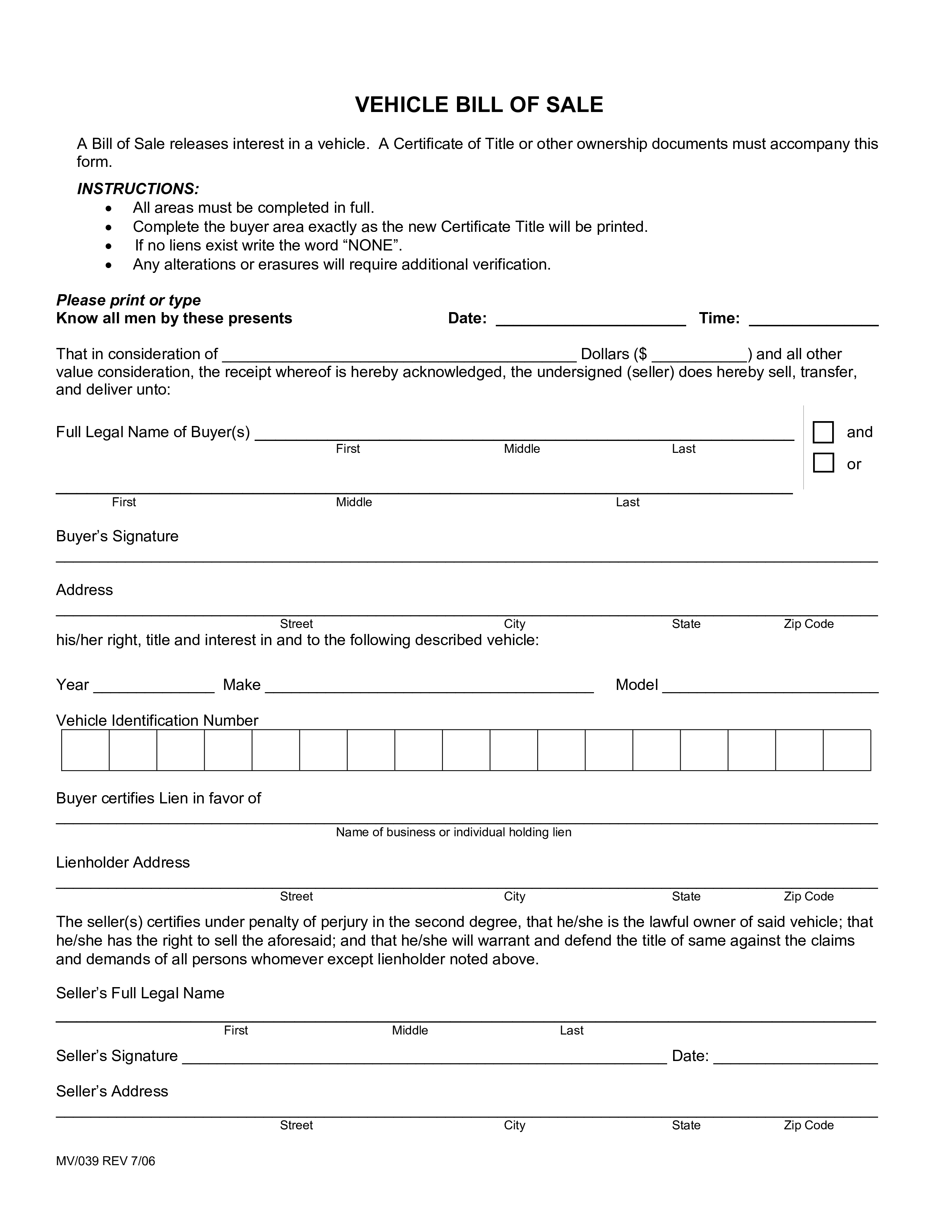 Sample Blank Printable Bill Of Sale For Car In PDF Word