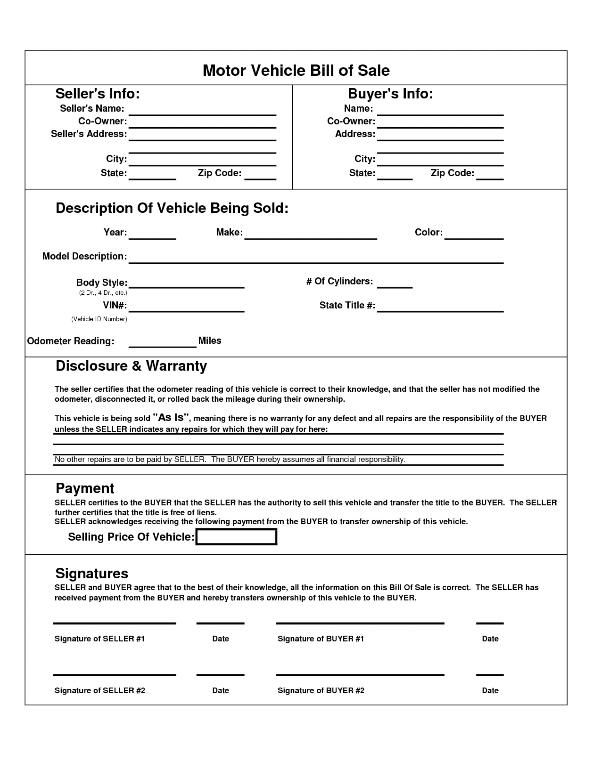 Sample Blank Printable Bill Of Sale For Car In PDF Word