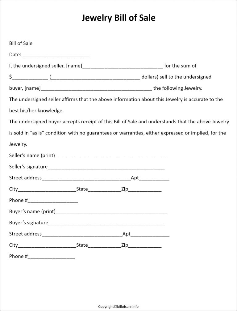 Jewelry Bill Of Sale Sample Template In Pdf