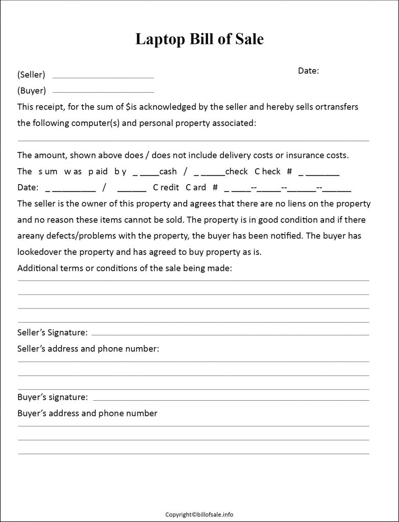Printable Laptop Bill of Sale Template in Pdf