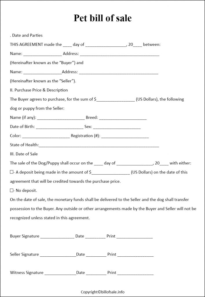 Printable Pet Bill of Sale Template in Free Pdf
