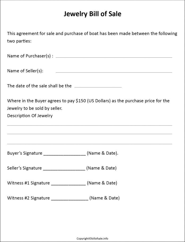 Jewelry Bill of Sale Sample Template in Pdf