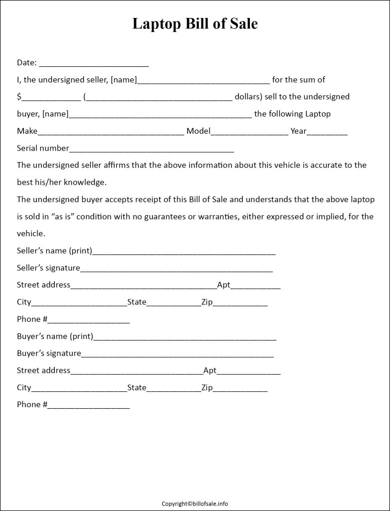 Printable Laptop Bill of Sale Template in Pdf