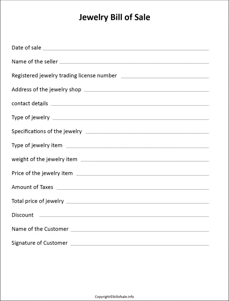 Jewelry Bill of Sale Sample Template in Pdf