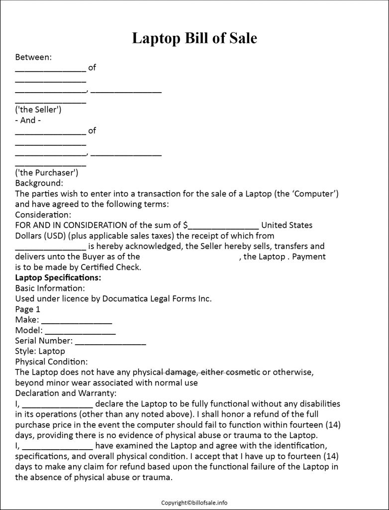 Printable Laptop Bill of Sale Template in Pdf