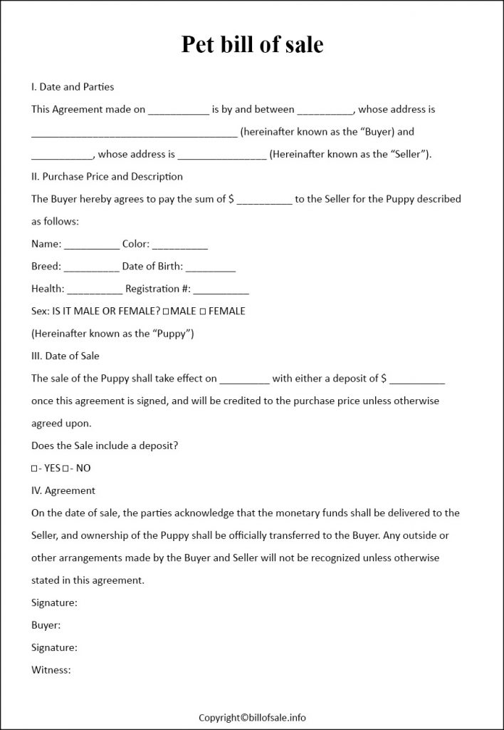Printable Pet Bill of Sale Template in Free Pdf