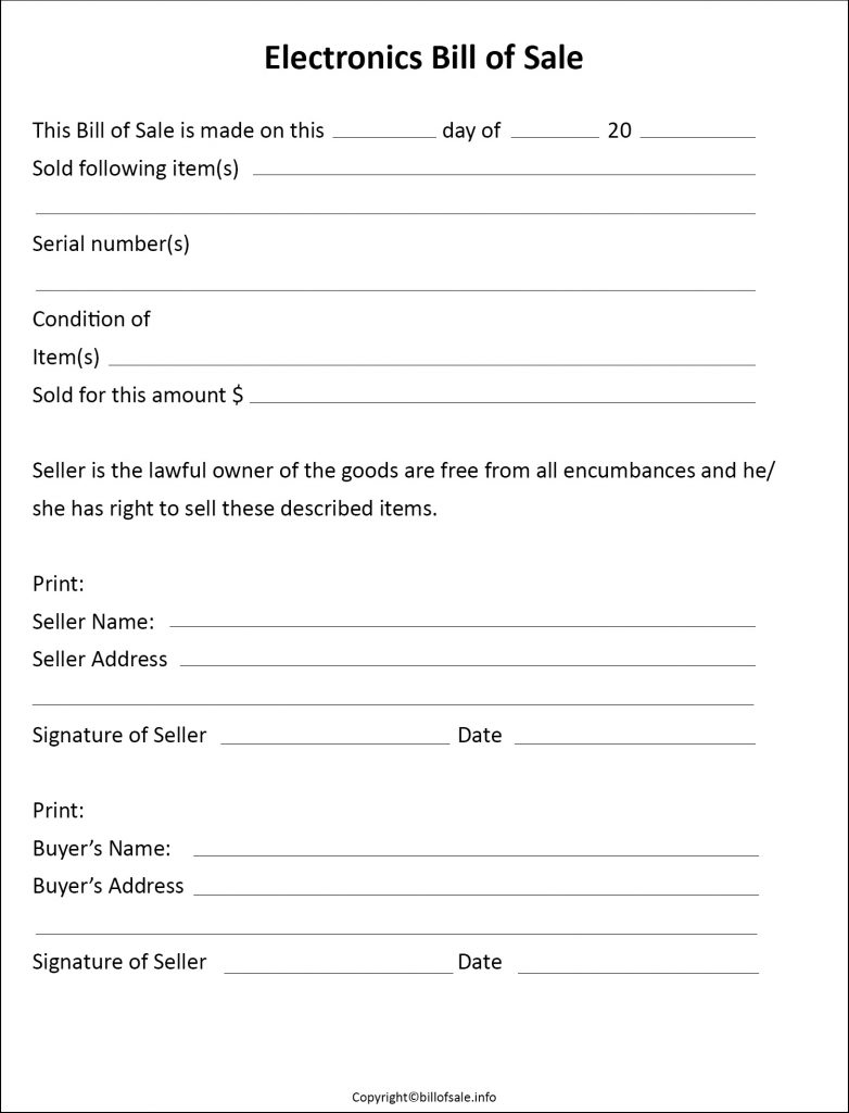 Printable Free Bill of Sale for Electronics Template