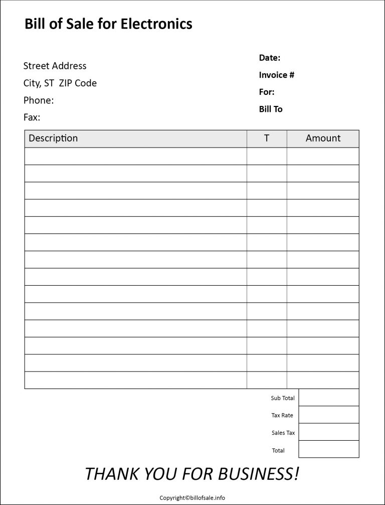 Printable Free Bill of Sale for Electronics Template