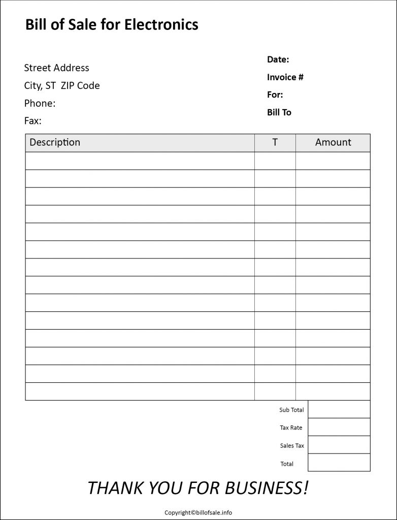 Printable Free Bill of Sale for Electronics Template