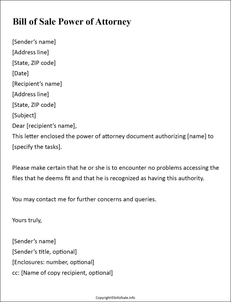 Bill of Sale Power of Attorney Template in Printable PDF
